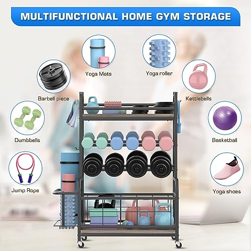 Yoga Mat Storage Rack, Home Gym Storage Yoga Mat Organizer Holder, Sehloran Dumbbell Rack With Hooks and Wheels, Weight Rack for Dumbbells and Kettlebells, Workout Equipment Weight Stand for Home Exercise and Fitness Gear (Metal)
