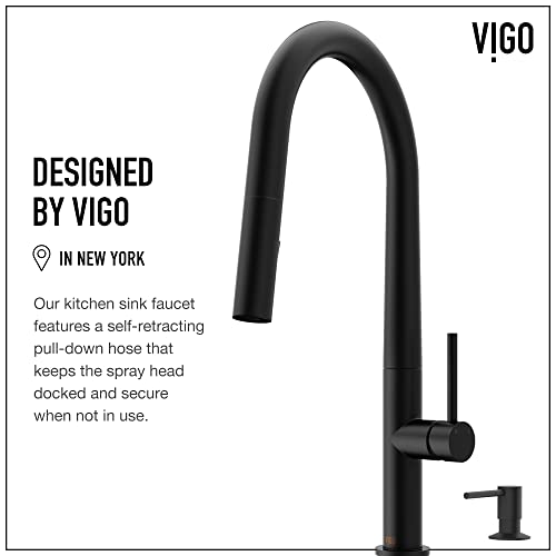VIGO Greenwich Matte Black Kitchen Faucet with Pull-Down Sprayer | Solid Brass Faucet for Kitchen Sink with Bolton Soap Dispenser | Single-Handle Kitchen Sink Faucet with Swivel Sink Sprayer