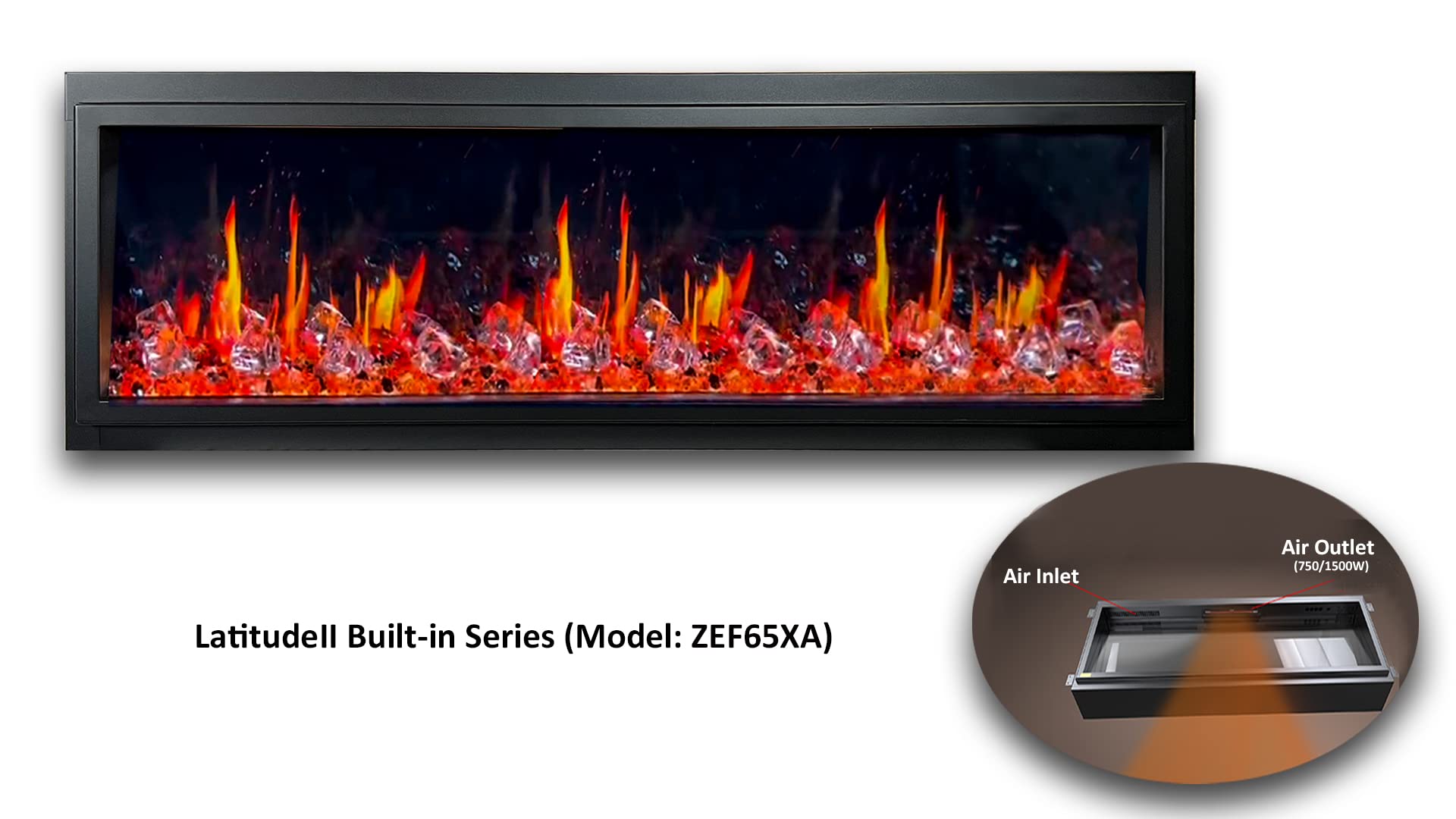Litedeer Homes Latitude 65" Smart Electric Fireplace with App, Crackling Fire Sounds, Reflective Amber Glass, Black - ZEF65XA