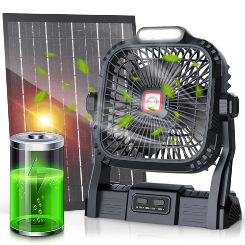 Solar Camping Fan 10400mAh, Solar Powered Fan with Solar Panel, 7W Rechargeable Battery Operated Fan for Outside, LED Lantern, Stepless Speed and Quiet Battery Powered Solar Tent Fan for Picnic,Office