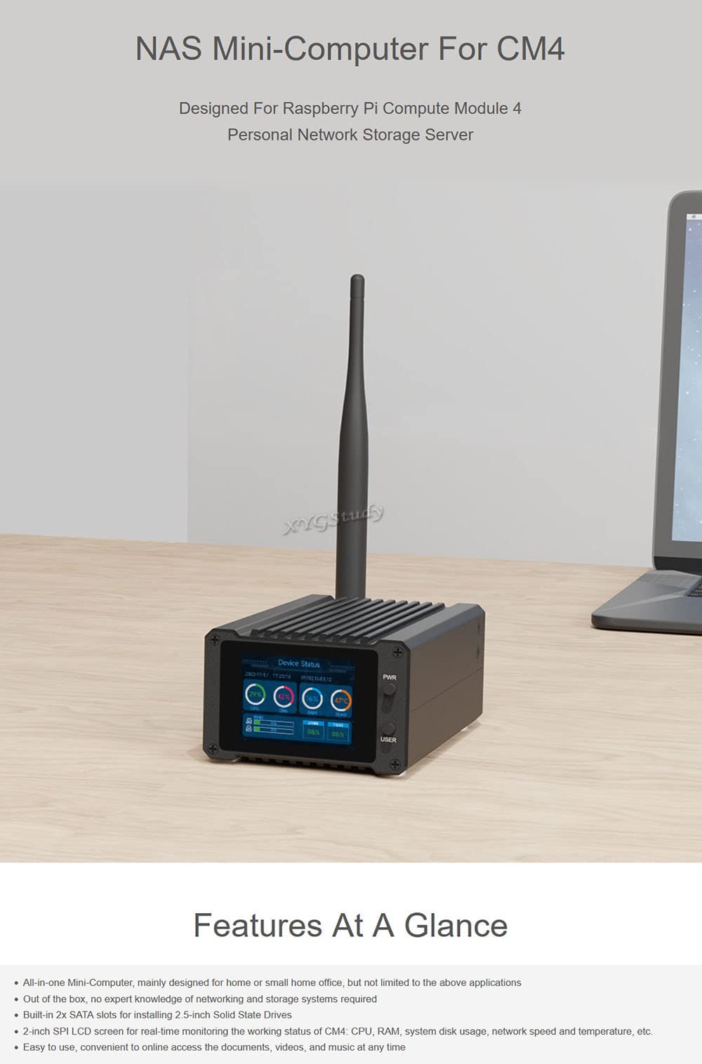 XYGStudy Network Attached Storage (NAS) All-in-One Mini-Computer for Raspberry Pi Compute Module 4, Personal Network Storage Server (CM4104008 Module Not Included) (CM4-NAS-Double-Deck)