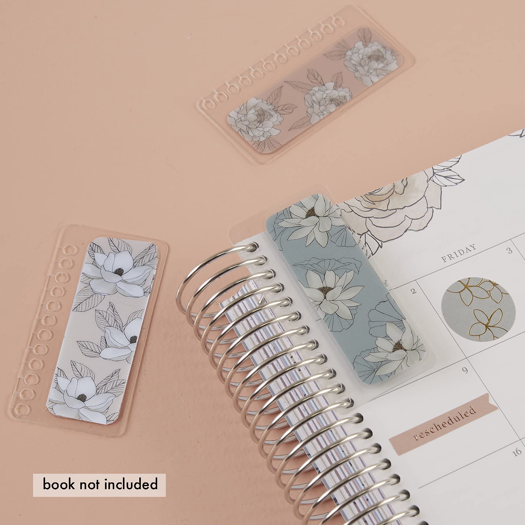 Mini Snap-in Bookmark Trio in Flora, Mark Your Pages in Style with Miniature Snap-in Bookmarks for Coiled Planners, Notebooks, or Binders in Elegant Hand-Sketched Flora Designs by Erin Condren
