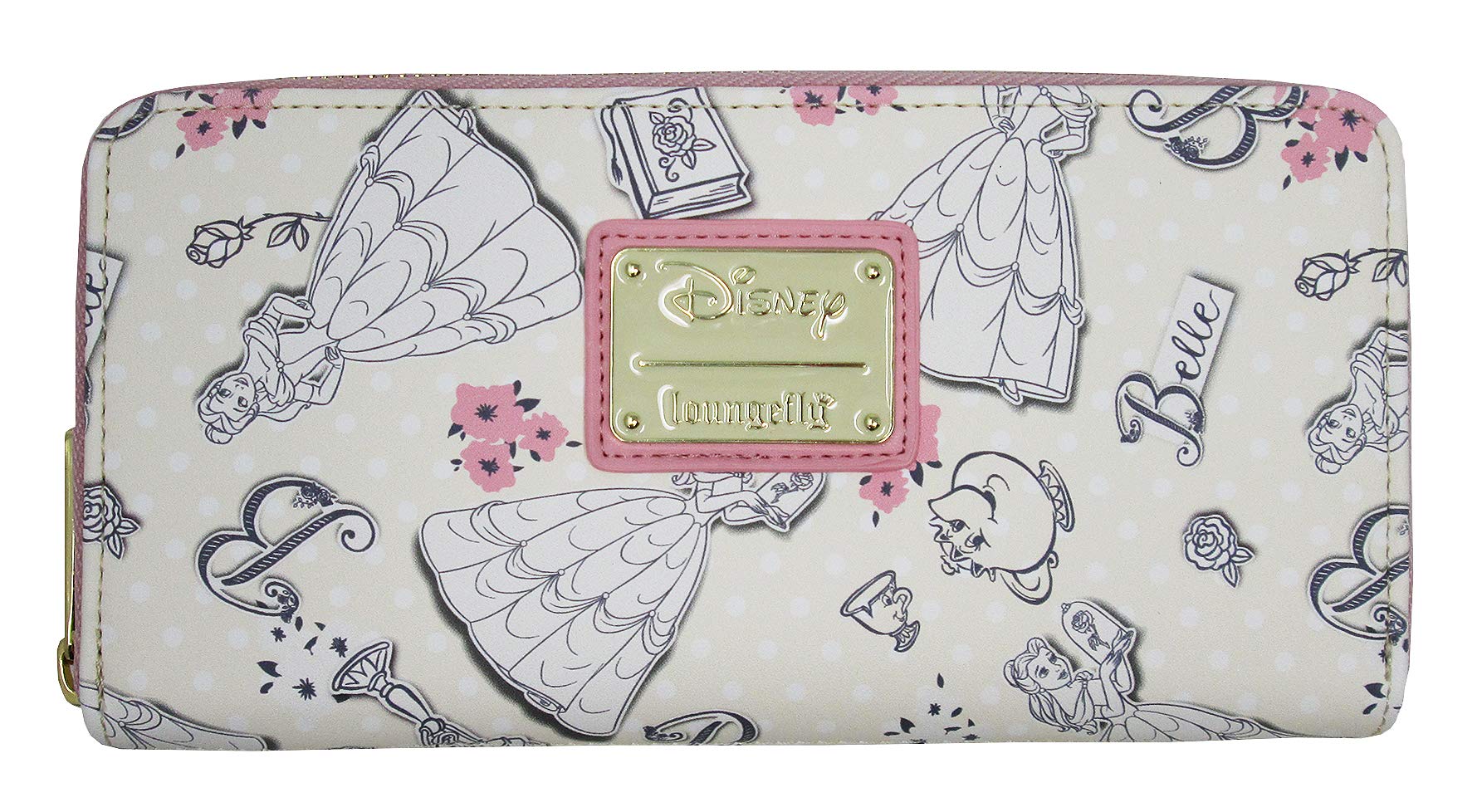 Loungefly Disney Beauty and the Beast Belle Pink Allover Print Zip Around Wallet (Multicolored)