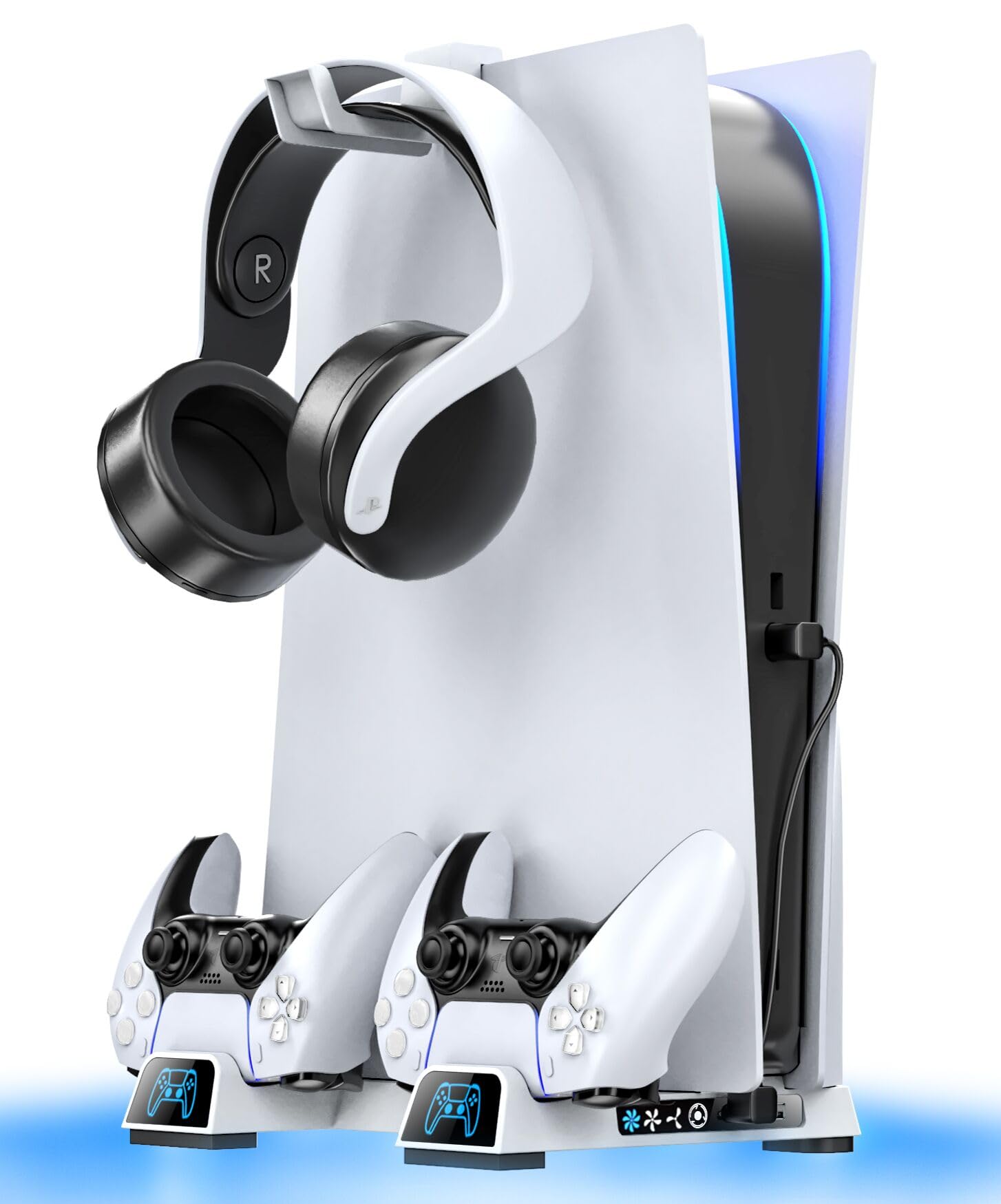 OIVO PS5 Stand with Cooling Fan and Headphone Holder, PS5 Controller Charger for PS5 Controller, Space Saving 10 Game Storage for Playstation 5 Console