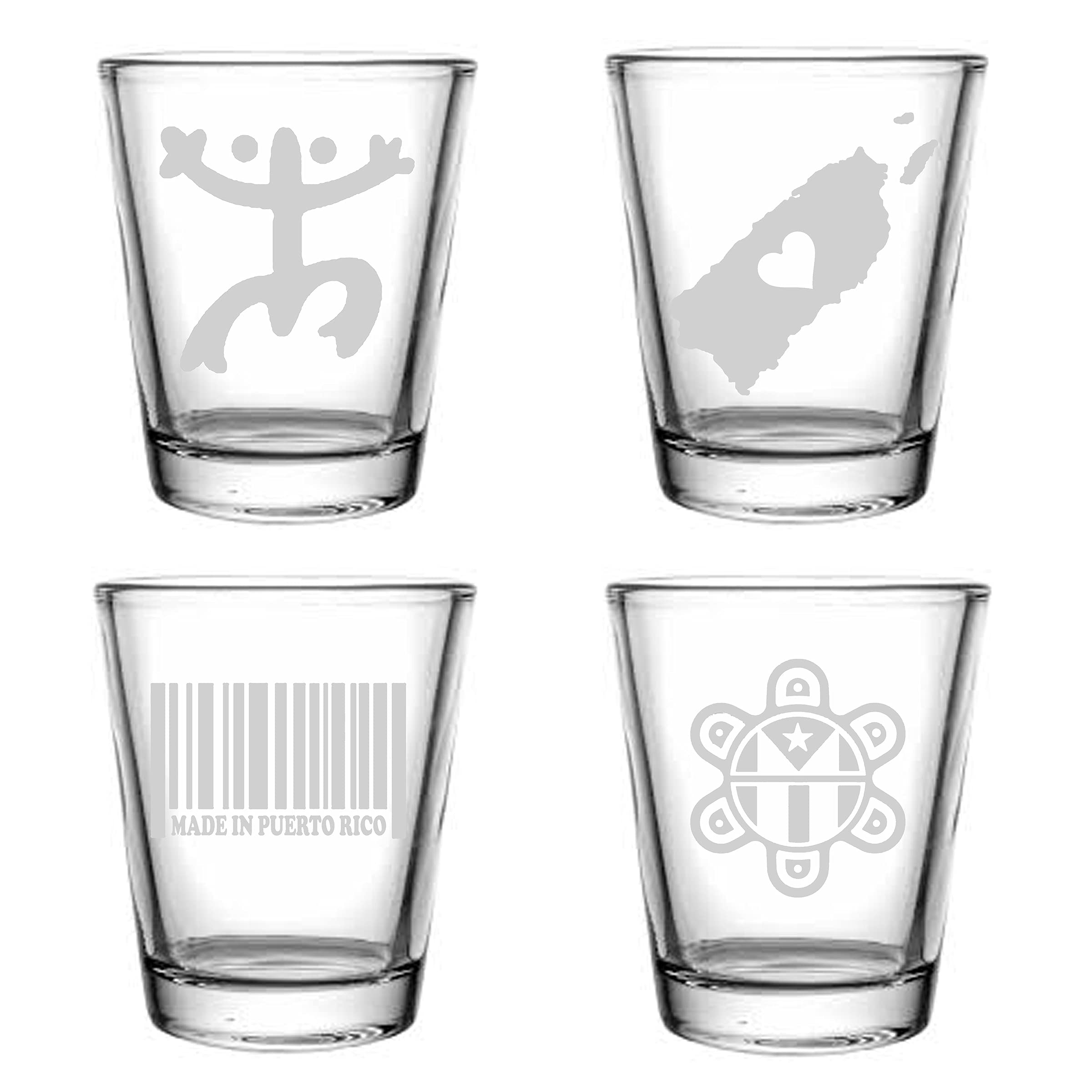 Puerto Rico Shot Glass Gift Set of Four: ENGRAVED Taino Coqui, Made in Puerto Rico Barcode, Puerto Rican Map, Taino Sun with Puerto Rican Flag Puerto Rico Gift Set of Puerto Rican Shot Glasses