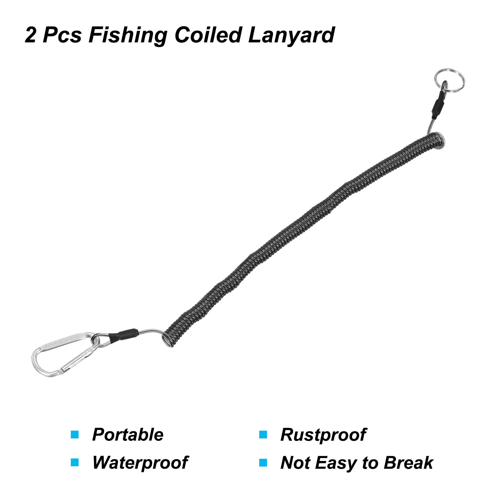 PATIKIL 8.9ft Fishing Tool Lanyard, 2 Pack Safety Cord Spiral Lanyard Tether Retractable with Blue Metal Clip Keychain for Boating Kayak, Clear Black