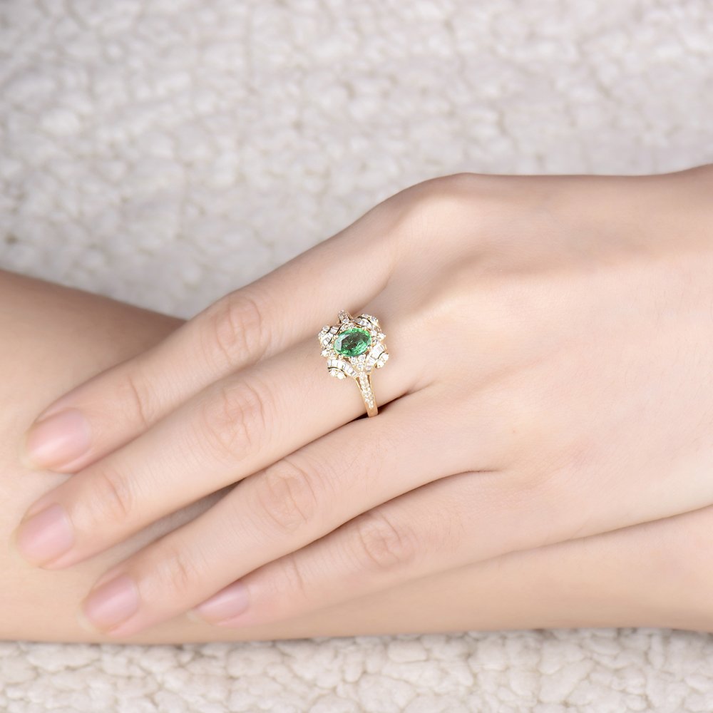 Lanmi 14K Yellow Gold Vintage Natural Green Emerald Rings Diamonds Band Engagement Wedding for Women Promotion