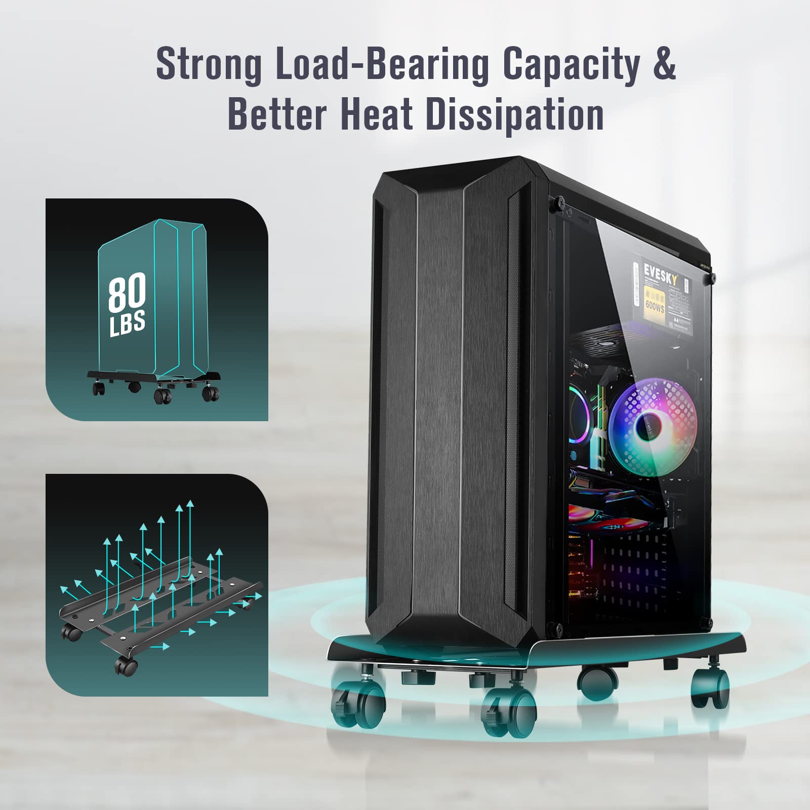 Metal Computer Tower Stand, Heavy Duty Mobile CPU Stand, CPU Holder Cart Under Desk, Width Adjustable Desktop Stand with Rolling Caster Wheels, PC Tower Stand Holder Fits Most Gaming PC Case - Black