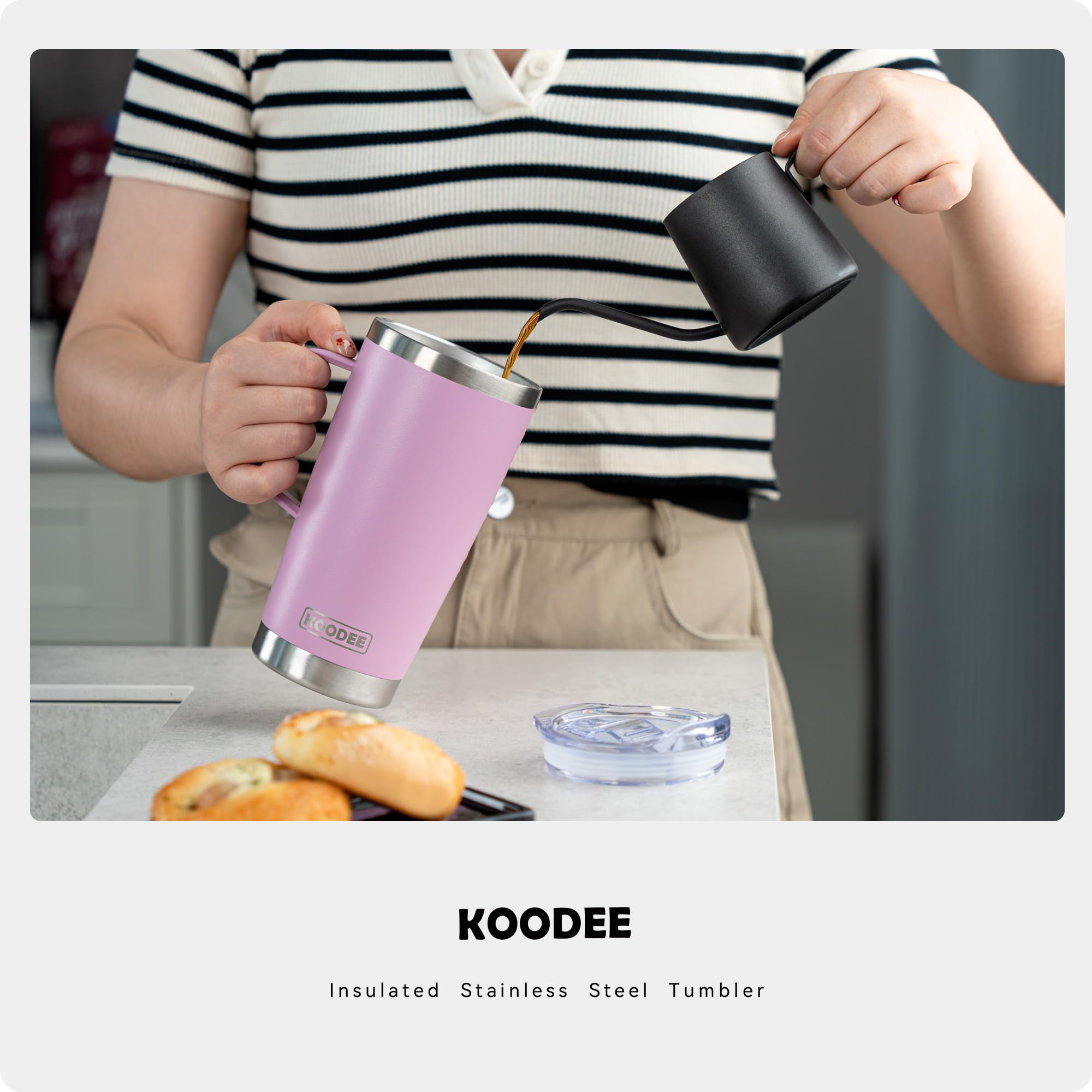 koodee 20 oz Insulated Coffee Mug with Lid and Handle, Stainless Steel Double Wall Vacuum Camping Mug Travel Coffee Tumbler (Purple Pink)