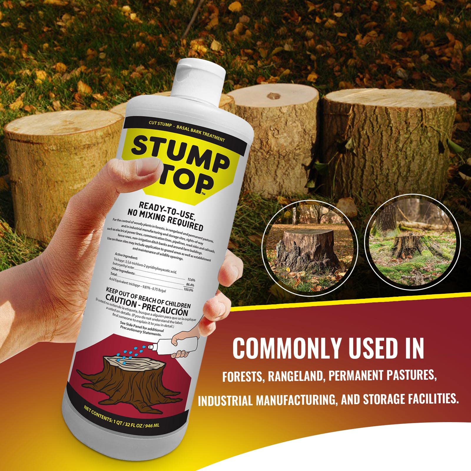 Stump Stop Ready to Use Herbicide Stump Remover - Stump Killer for Trees - Kill Poison Ivy and Poison Oak - Perfect Lawn Care - Available with Premium Quality Centaurus AZ Gloves - 32oz.