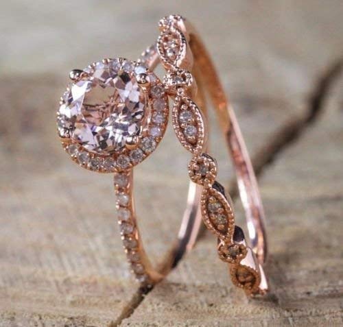 KUYIUIF 2PCS Rings 18K Rose Gold Morganite& White Topaz Ring Set Women Wedding Bridal (7)