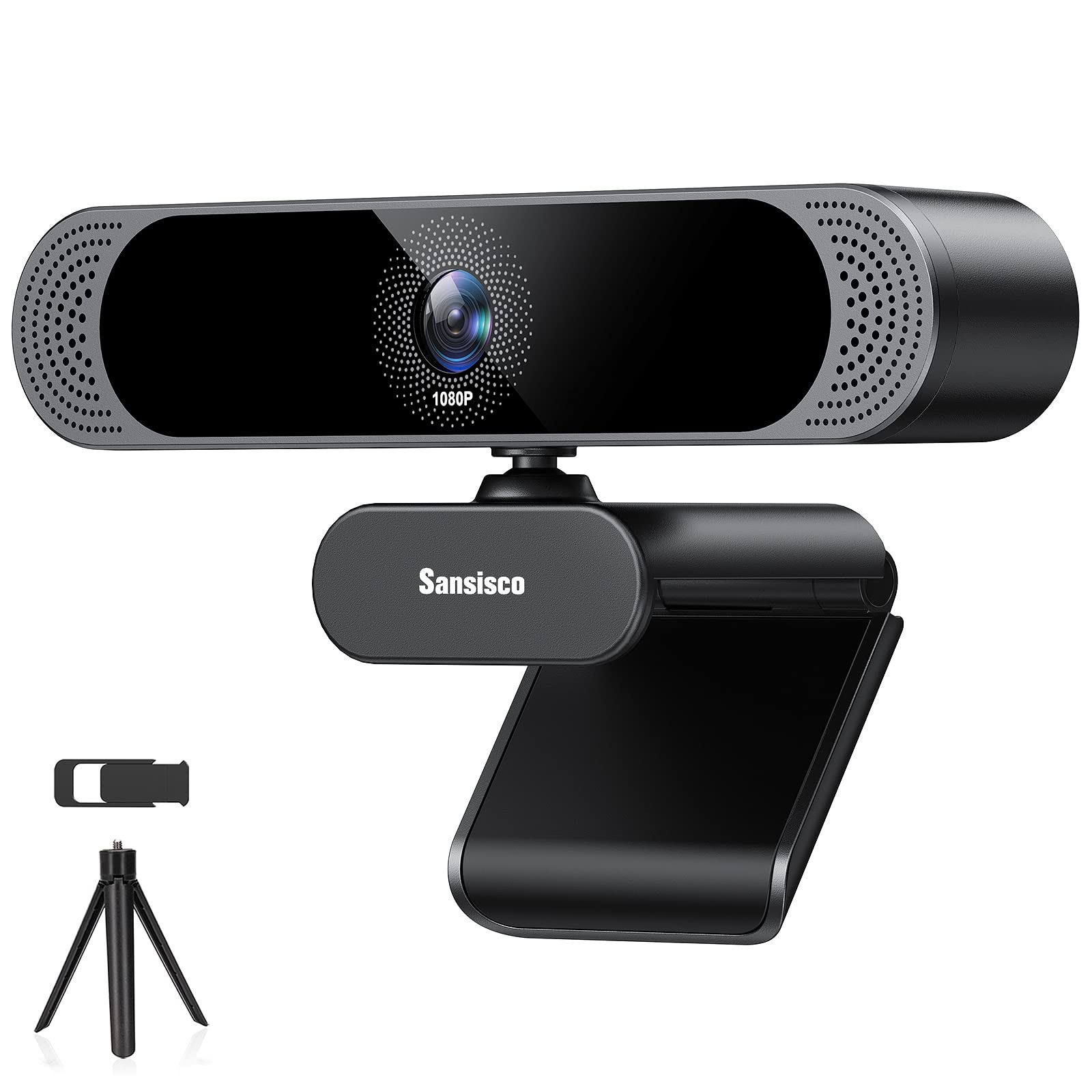 Sansisco 1080P Webcam with Microphone, Autofocus HD Web Camera, Noise Canceling Dual Mics, Privacy Cover and Tripod, 75° Wide Angle USB Computer Webcam for Video Call, PC, Laptop, Mac, Zoom, Skype