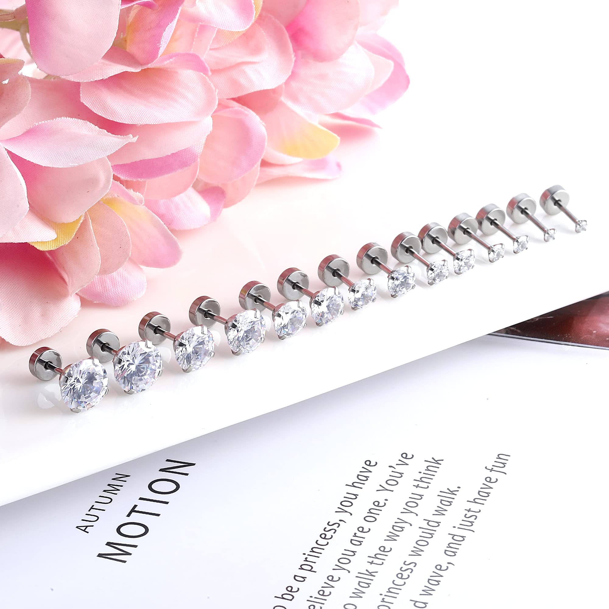 MJust 7 Pairs 20G Stainless Steel Stud Earrings Tiny Stud Earrings Barbell Earring Flatback Cartilage Earrings Set For Women Men 2MM-8MM (Silver)