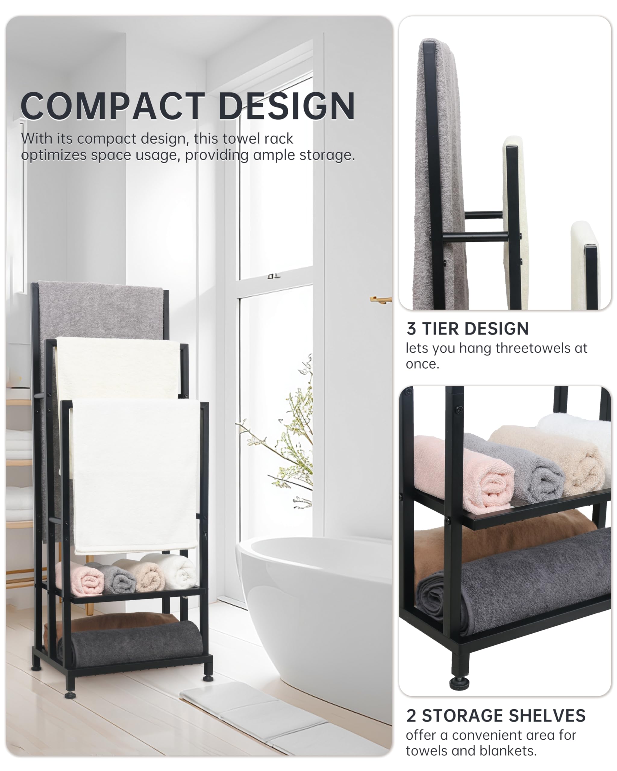 ZOES HOMEWARE 41" H Free Standing Towel Rack for Bathroom | 3 Tier Blanket Rack with 2 Storage Shelves | Anti-Rust Stand Towel Rack for Outdoor,Bathroom,Bath&Pool | Black, 41"x16"x12"