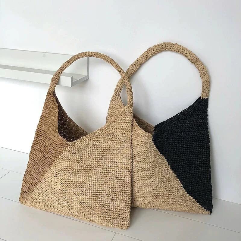 TJLSS Casual Large Capacity Tote Hand-Woven Bag Patchwork Women Shoulder Bags Summer Beach Handbags Big Purses (Color : E, Size : 1)