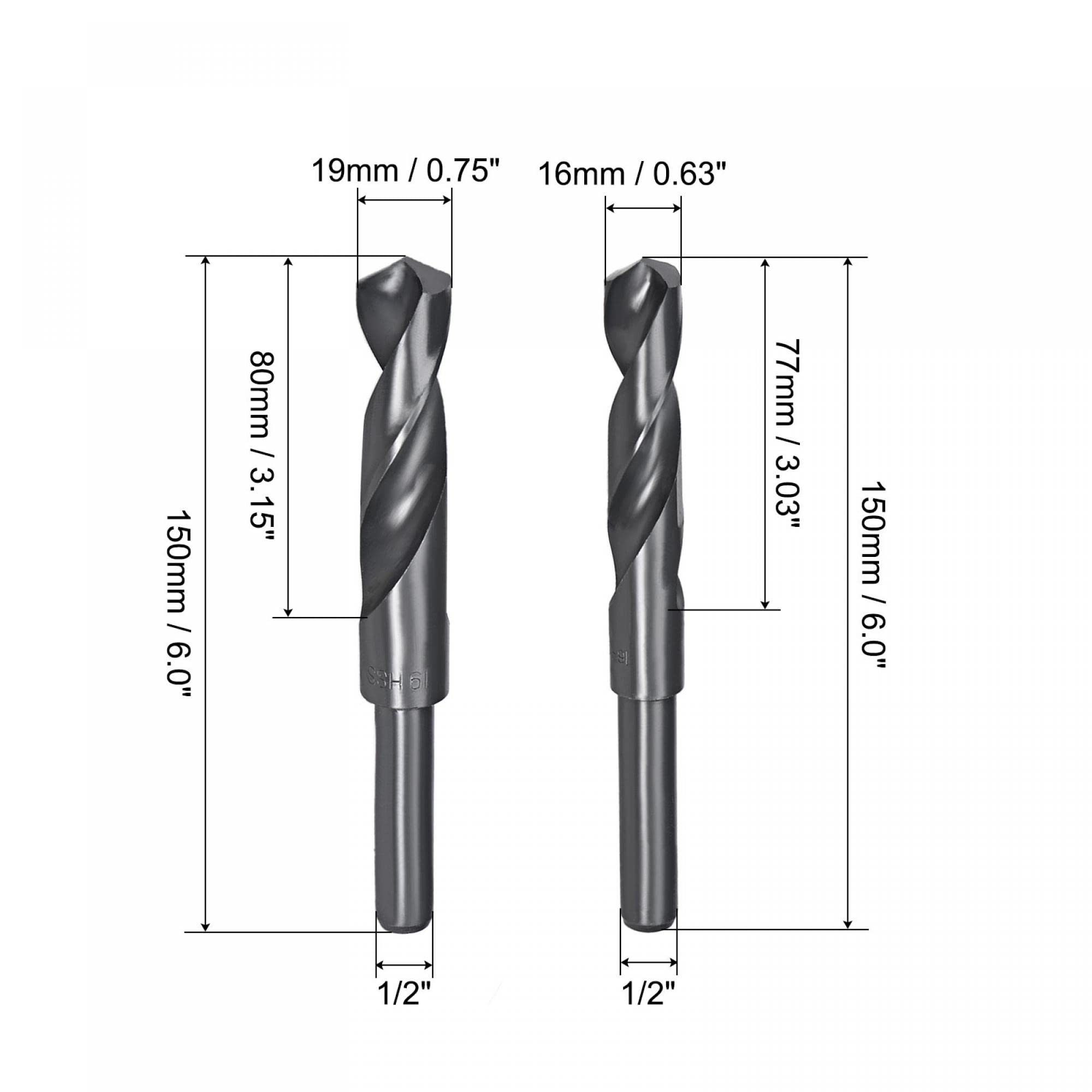 uxcell Reduced Shank Drill Bit 16mm & 19mm HSS 6542 Black Oxide with 1/2 Inch Straight Shank