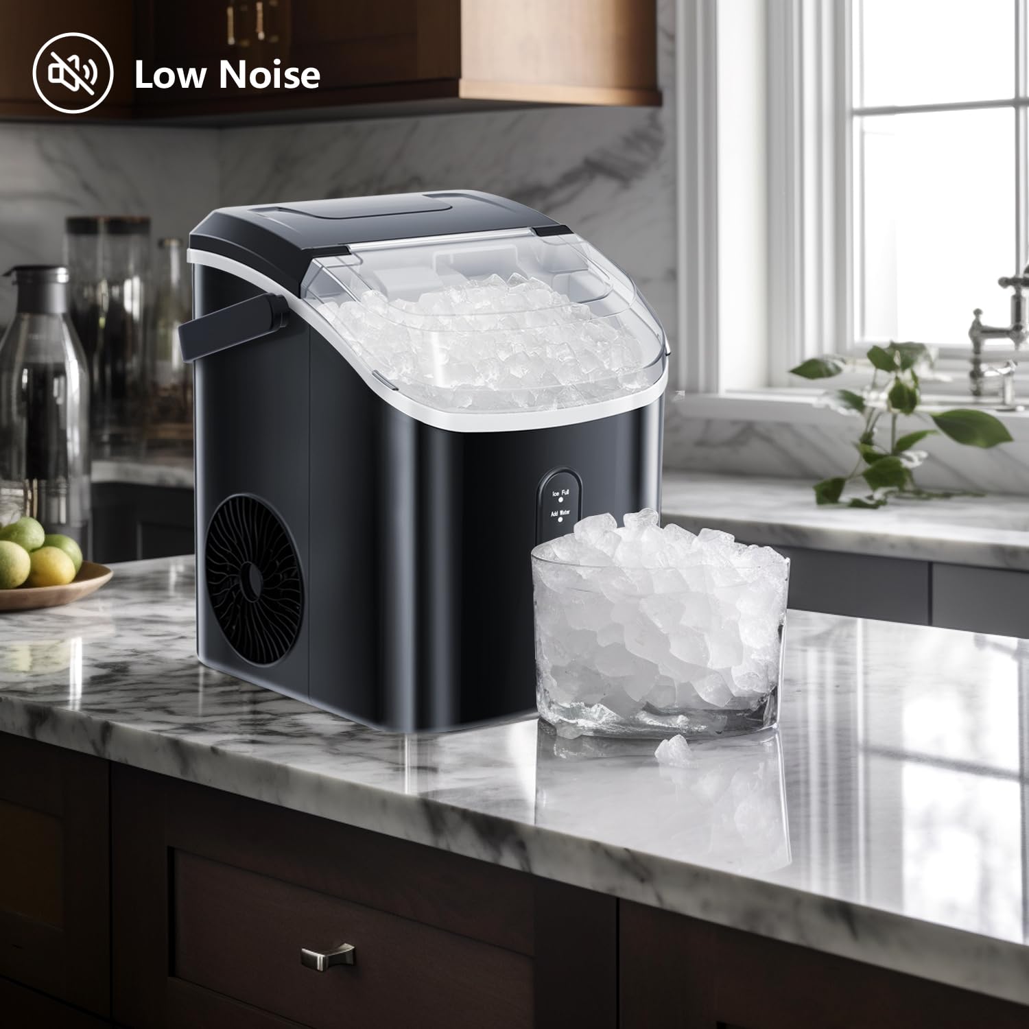 R.W.FLAME Portable Nugget Ice Maker Countertop, Pebble/Pellet Ice Maker Machine with Auto Self-Cleaning,11000Pcs/34Lbs/24Hrs, Ice Scoop and Basket,Ice Machine for Home Office Bar Party,Black