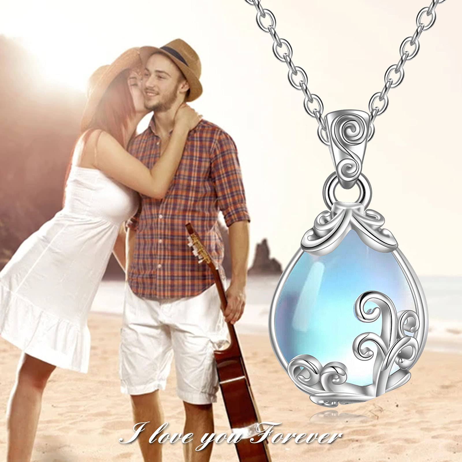 POPLYKE Sterling Silver Moonstone Filigree Teardrop Necklace Jewelry for Women (Small)