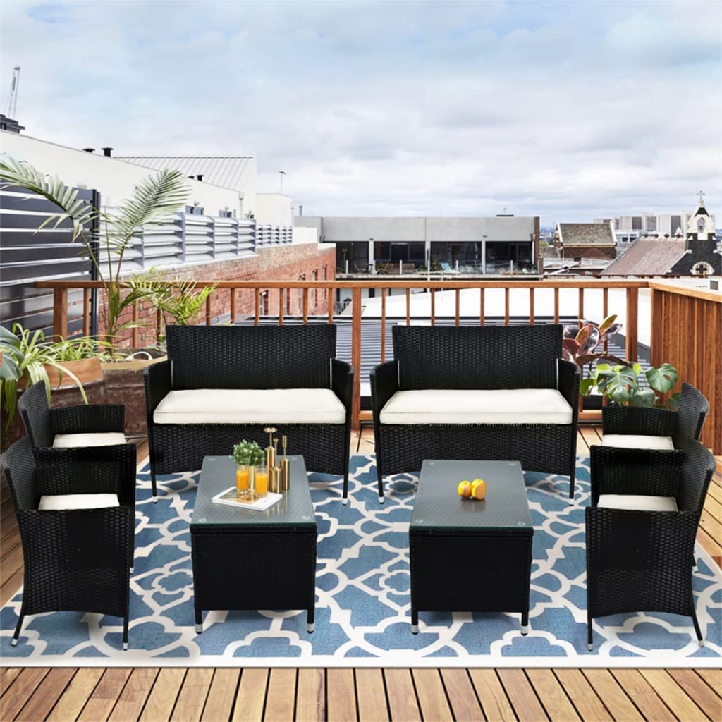 LLLY 8 PCS Patio Furniture Outdoor Garden Conversation Wicker Sofa Set, Beige Cushions +Black Wicker