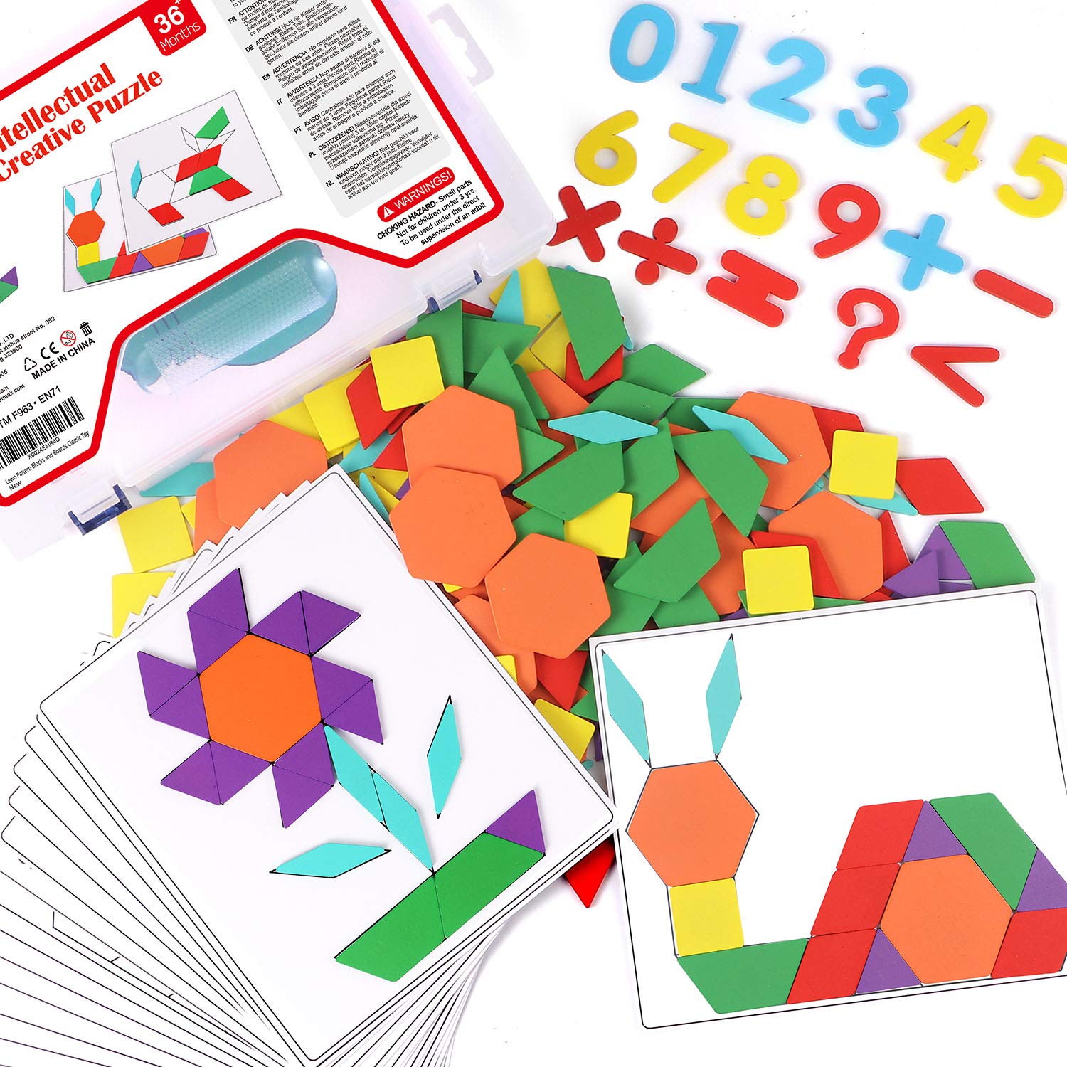 Lewo 203 PCS Pattern Blocks Set Activity Cards Wooden Geometric Shape Puzzles Tangrams Set Educational Toys for Kids