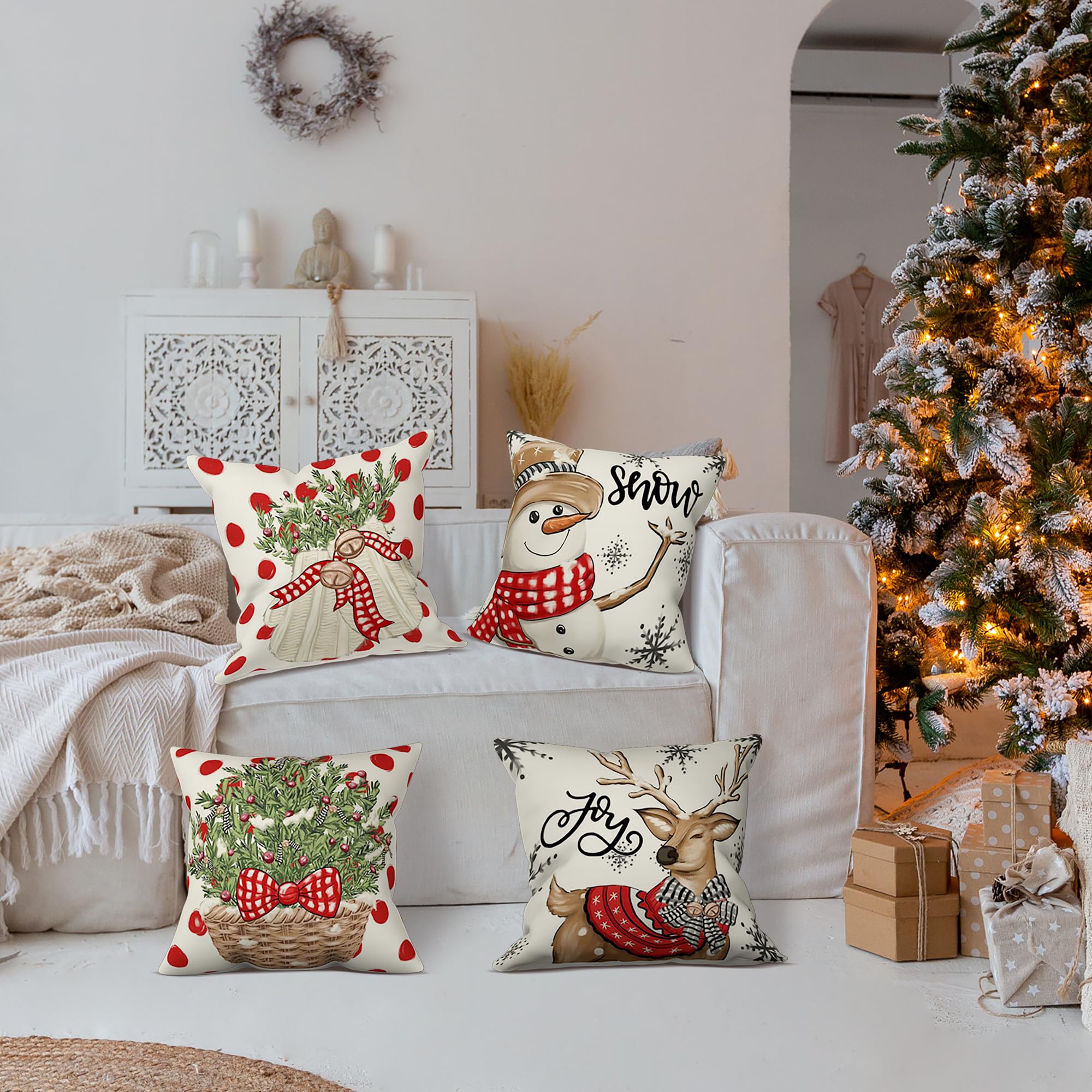 LITIVY Christmas Decor Pillow Covers Set of 4 Decorative Throw Pillowcase for Winter Xmas Holiday Home Decor for Sofa Couch (Christmas Tree Snowman Gloves Deer) (18"x18", Red)
