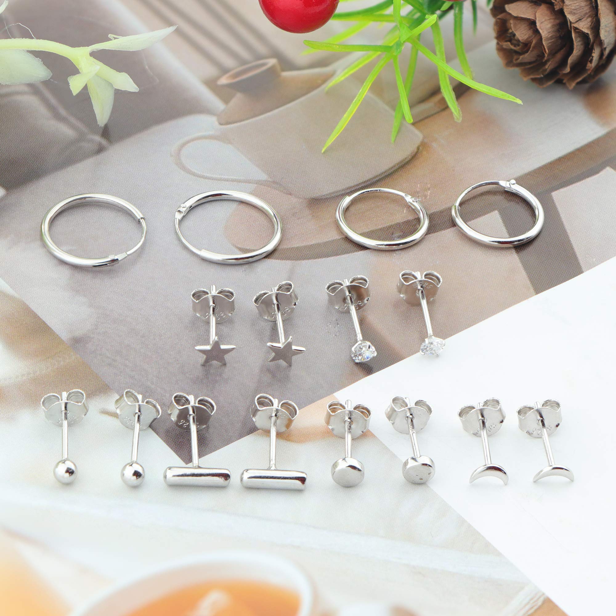 Milacolato 8 Pairs Sterling Silver Stud Earrings Set for Women Men 14K White Gold Plated Ball Dot Star Moon Bar CZ Stud Earrings Small Huggie Hoop Cartilage Earrings Sets for Multiple Piercing Hypoallergenic