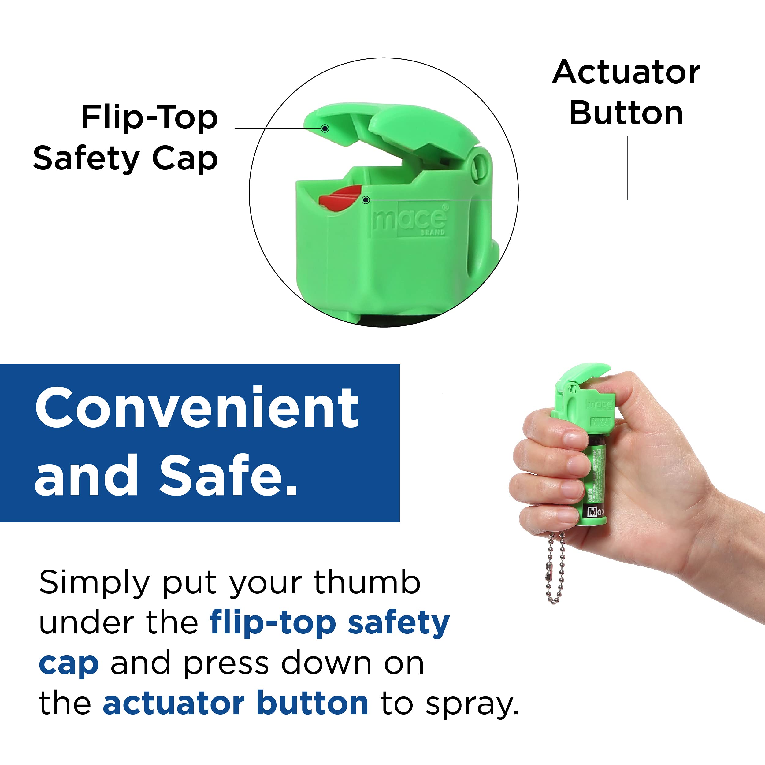 mace Brand Pocket Pepper Spray (Neon Green) β Accurate 10β Powerful Pepper Spray with Flip Top Safety Cap, Leaves UV Dye on Skin β Great for Self-Defense