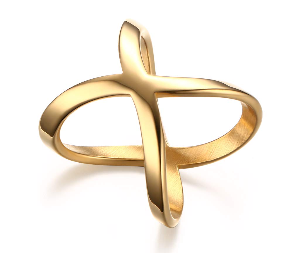 MEALGUET Gold Plated Stainless Steel X Criss Cross Statement Ring for Women Stackable Gold-tone Fashion Party Cocktail Rings Wide Band,size 9