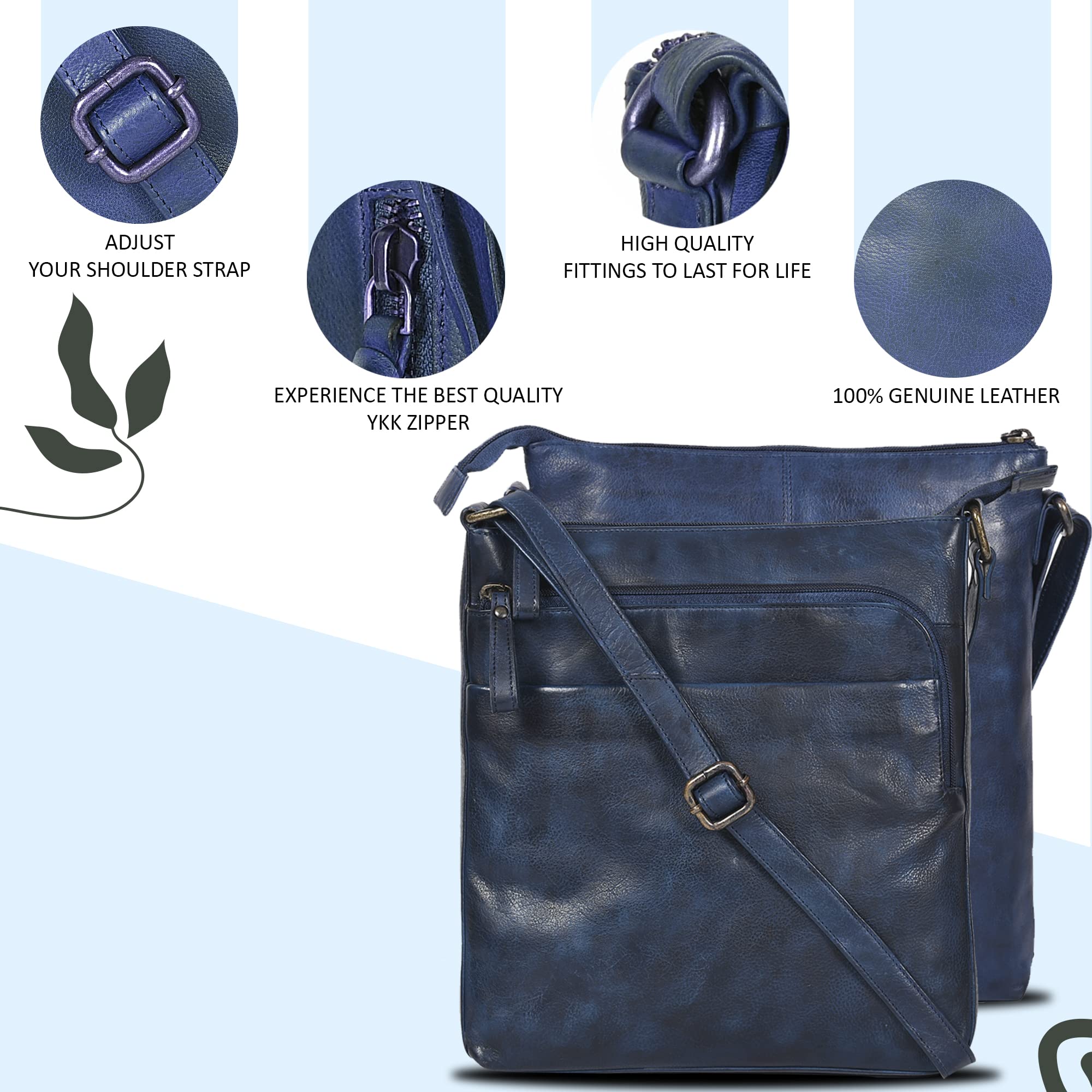 Real Leather Crossbody Bags For Women β Sling Bag Cross over Purse With Adjustable Shoulder Strap Medium Size Front Zipper (Dark Blue)