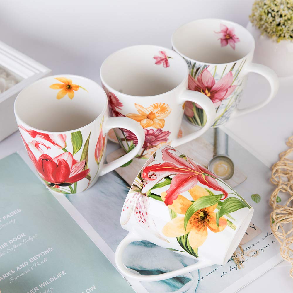 PULCHRITUDIE 12 Oz Coffee Tea Mugs Set, Fine Porcelain Floral Design, Set of Four