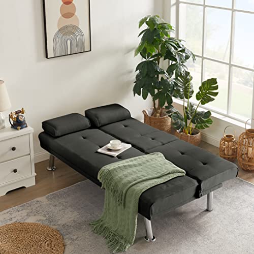 Twin Size Linen Upholstered Modern Convertible Folding Futon Loveseat Sofa Sleeper Bed 2 Seaters Recliner Couch with Cup Holders for Compact Living Space, Apartment, Dorm,w/3 Adjustable Angles