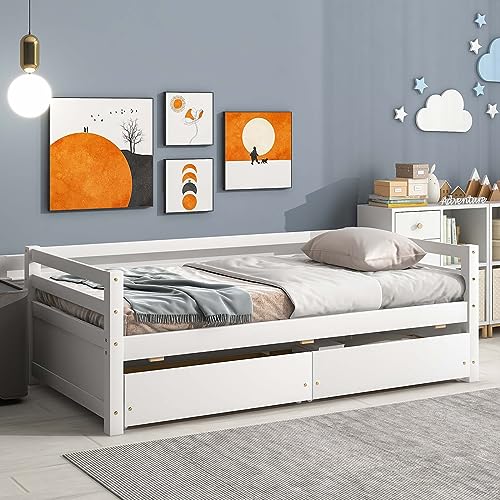 Twin Size Wooden Daybed Frame with 2 Storage Drawers, Multifunctional Sofa Bed with Wood Slat Support for Living Room Boys Girls Adults, No Spring Box Needed, Space Saving (White)