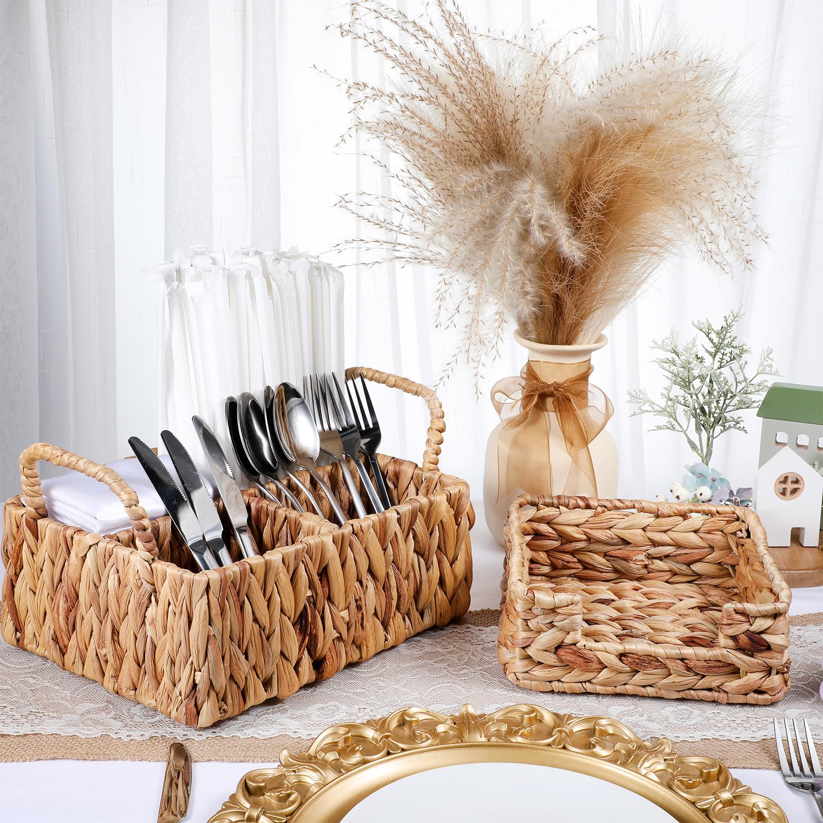 Norme Wicker Flatware Organizer and Wicker Napkin Holder Woven Utensils Holder Caddy Cutlery Silverware Holder for Kitchen Table Storage Hyacinth Baskets Rattan Napkin Holders with Handle