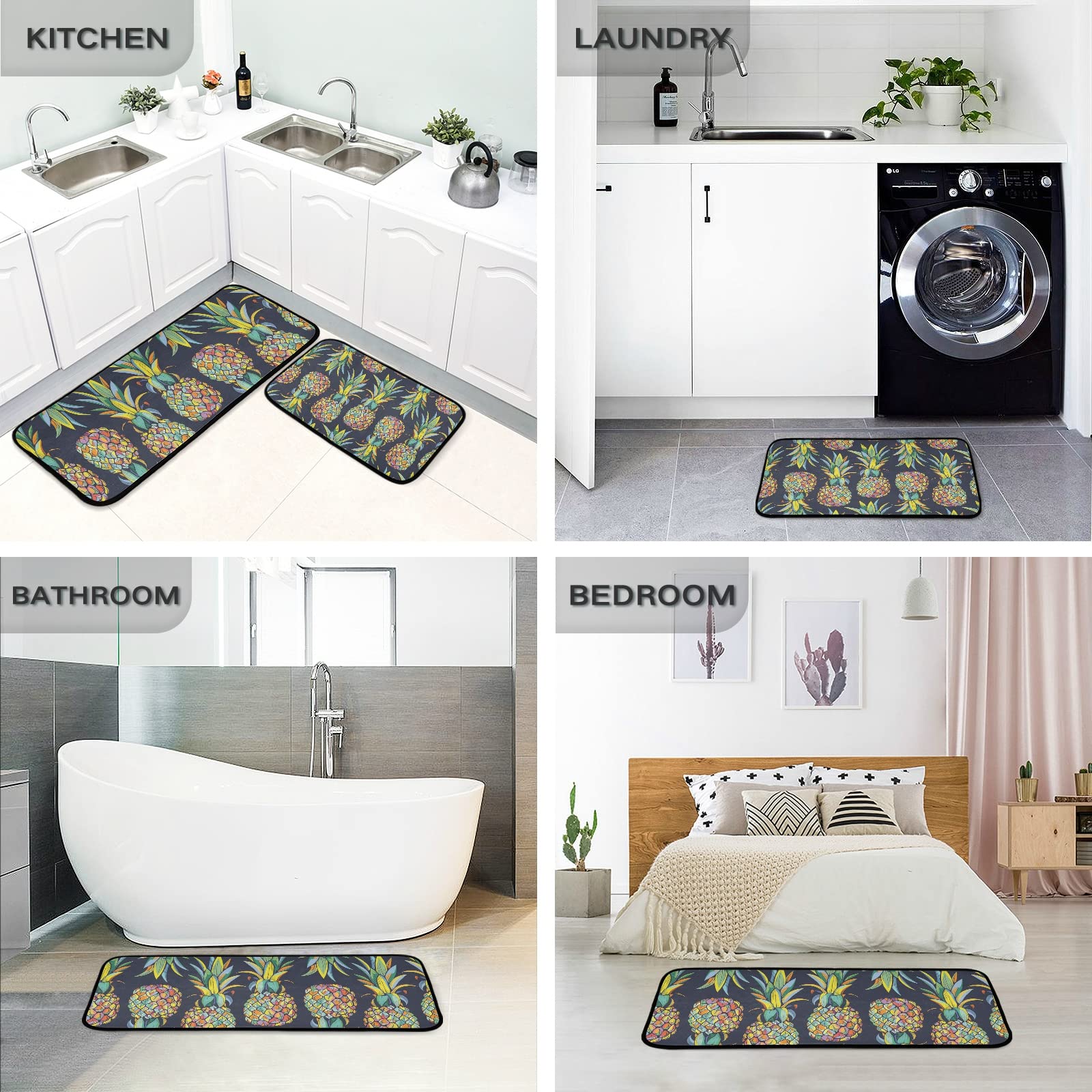 Pineapples Kitchen Rugs and Mat 2 Pieces Set Cushioned Anti Fatigue Kitchen Mat Non Slip Doormat Runner Carpet Washable Farmhouse Decor for Kitchen Floor Home Office Laundry