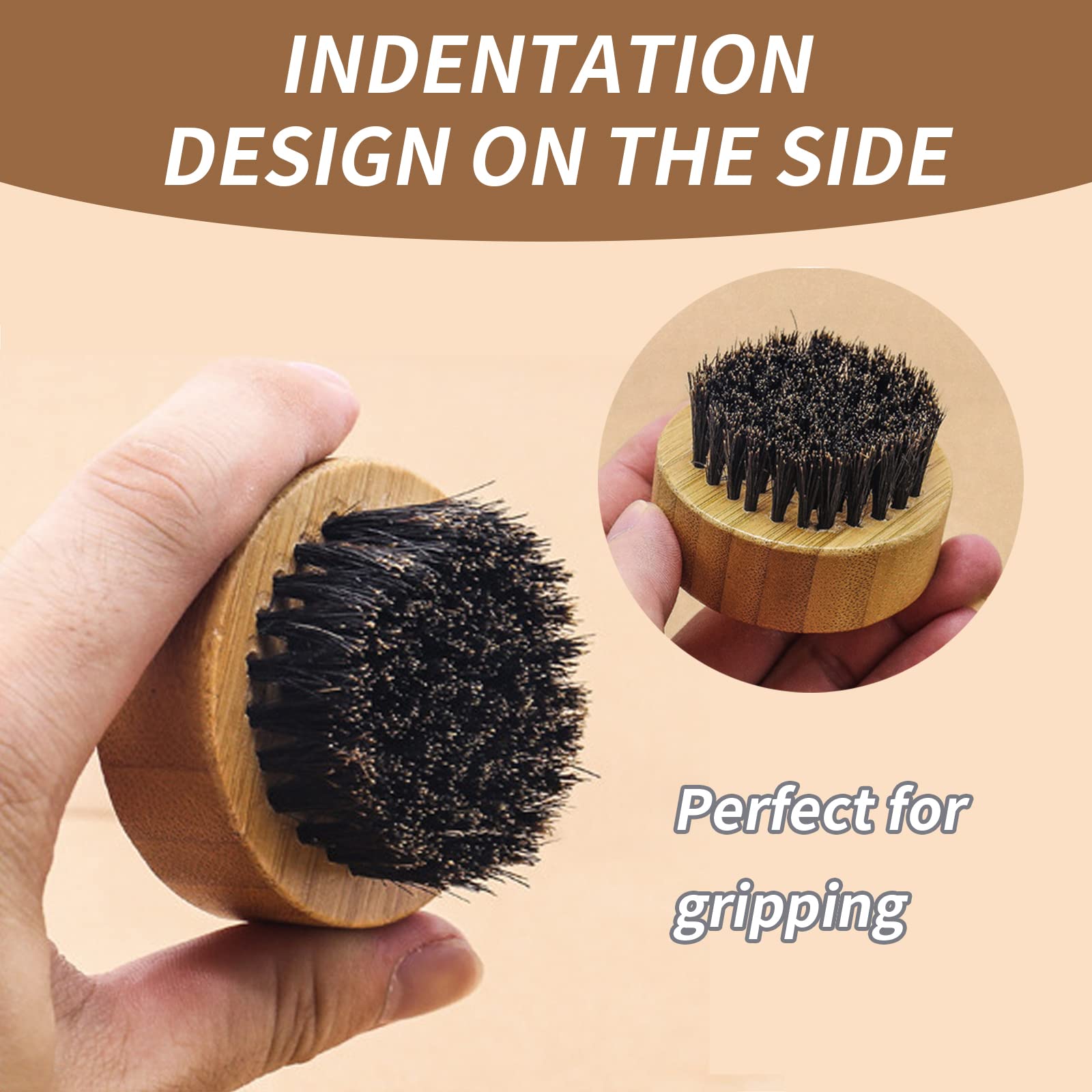 YAFIYGI Mustache Brush for Men Beard Brush with Handle Natural Boar Bristle Round Mini Brush Style Grooming for Black Men Small Pocket Sized Cepillo Para Barba de Hombre