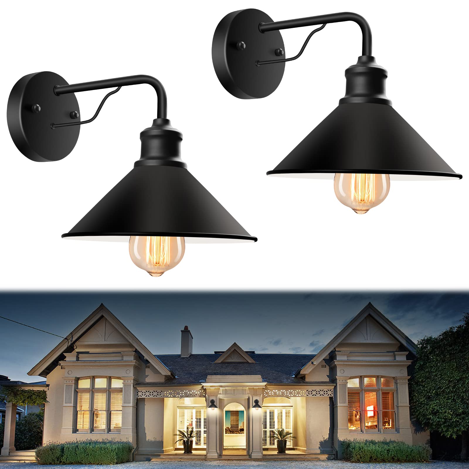 Vintage Hardwired Wall Sconce Set of 2, Black Metal Lighting Fixture, E26 Base Outdoor or Indoor Lamp for Living Room Bedroom Gallery Garden