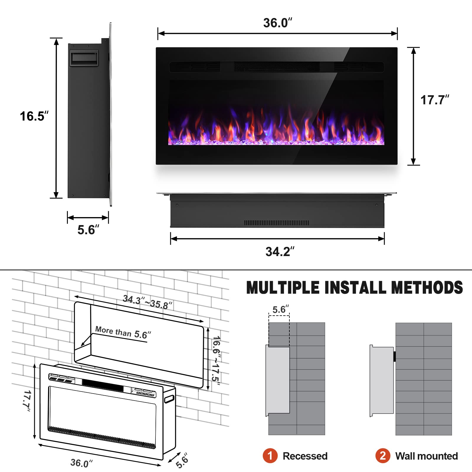 LITSDFM 43 Inch Electric Fireplace, Recessed and Wall Mounted Fireplace, Fireplace Heater and Linear Fireplace, with Timer, Remote Control, Adjustable Flame Color, 750/1500W, Black