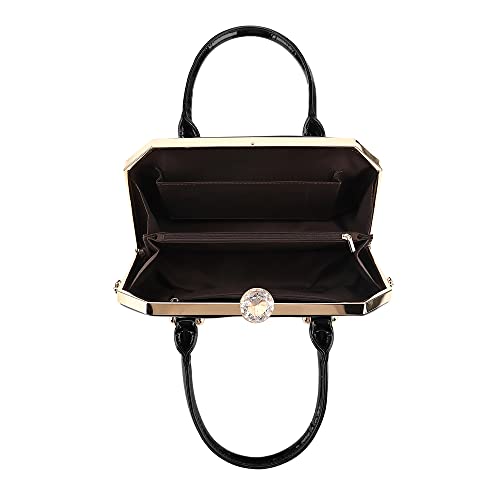 Style Strategy Push Lock Crossbody for women trapezoid Handbags Hardware Chain Crocodile Textured Shoulder black patent leather bag