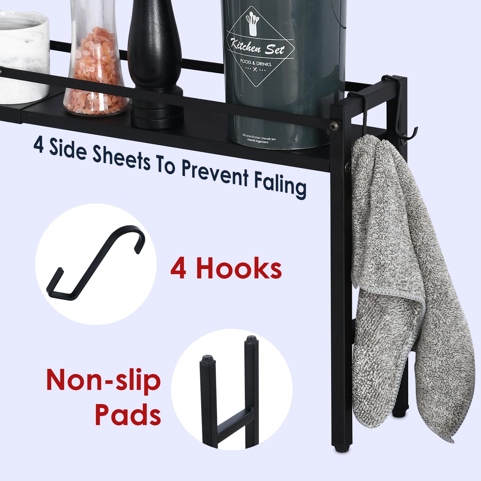 yudeke upgrade Stove Top Shelf,Over the Stove Spice Shelf for Kitchen,Spice Rack Shelf with 4 hooks Extra Storage Countertop, Seasoning Organizer,Kitchen Organizers and Storage (Black)