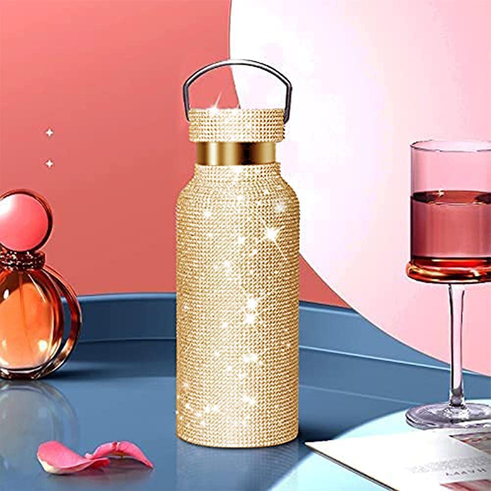 QIANSHENG Bling Diamond Water Bottle Sparkling Glitter Stainless Steel Thermos Bottle Vacuum Flask for Women Refillable Insulated Water Bottle with Chain & Gift Box (Gold,350ml)