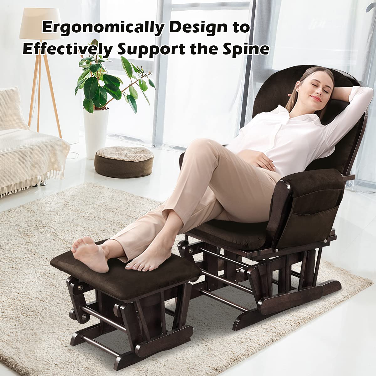 Solid Wood Construction, Incredibly Smooth Quiet Gliding, Soft Skin-Friendly Fabric, Baby Nursery Relax Rocker Rocking Chair Glider and Ottoman Set Super Soft Cushion, Extra Storage Pocket, Brown