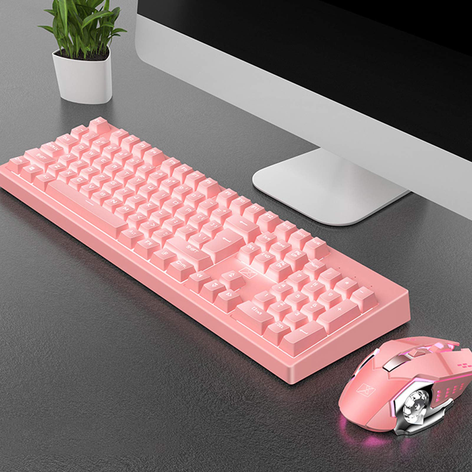 Shanrya Gaming Keyboard, USB Interface 104 Keys Plug & Play Comfortable Laptop Keyboard, Computer Accessory for PC Laptop Office Home(Pink)