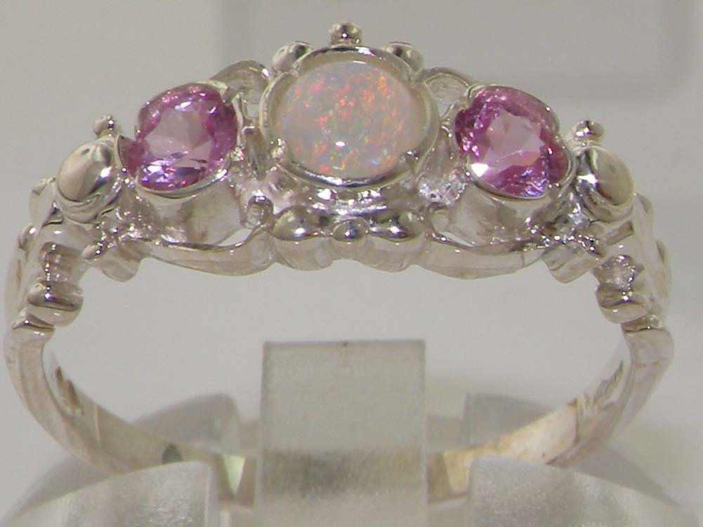 LetsBuyGold 925 Sterling Silver Real Genuine Opal and Pink Tourmaline Womens Trilogy Engagement Ring - Size 6