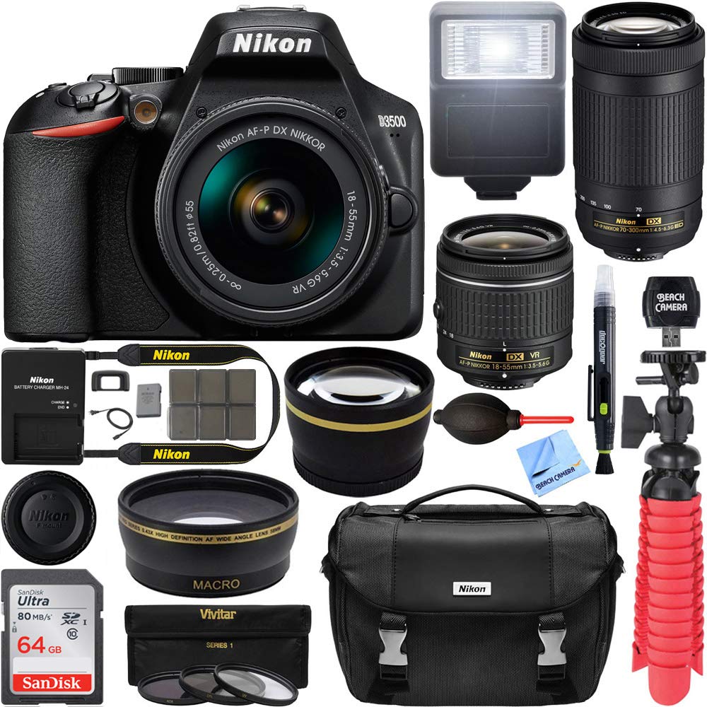 Nikon 1588 D3500 24.2MP DSLR Camera with AF-P 18-55mm VR Lens & 70-300mm Dual Zoom Lens Kit Bundle with 64GB Memory Card, DSLR Value Pack and Accessories (12 Items)
