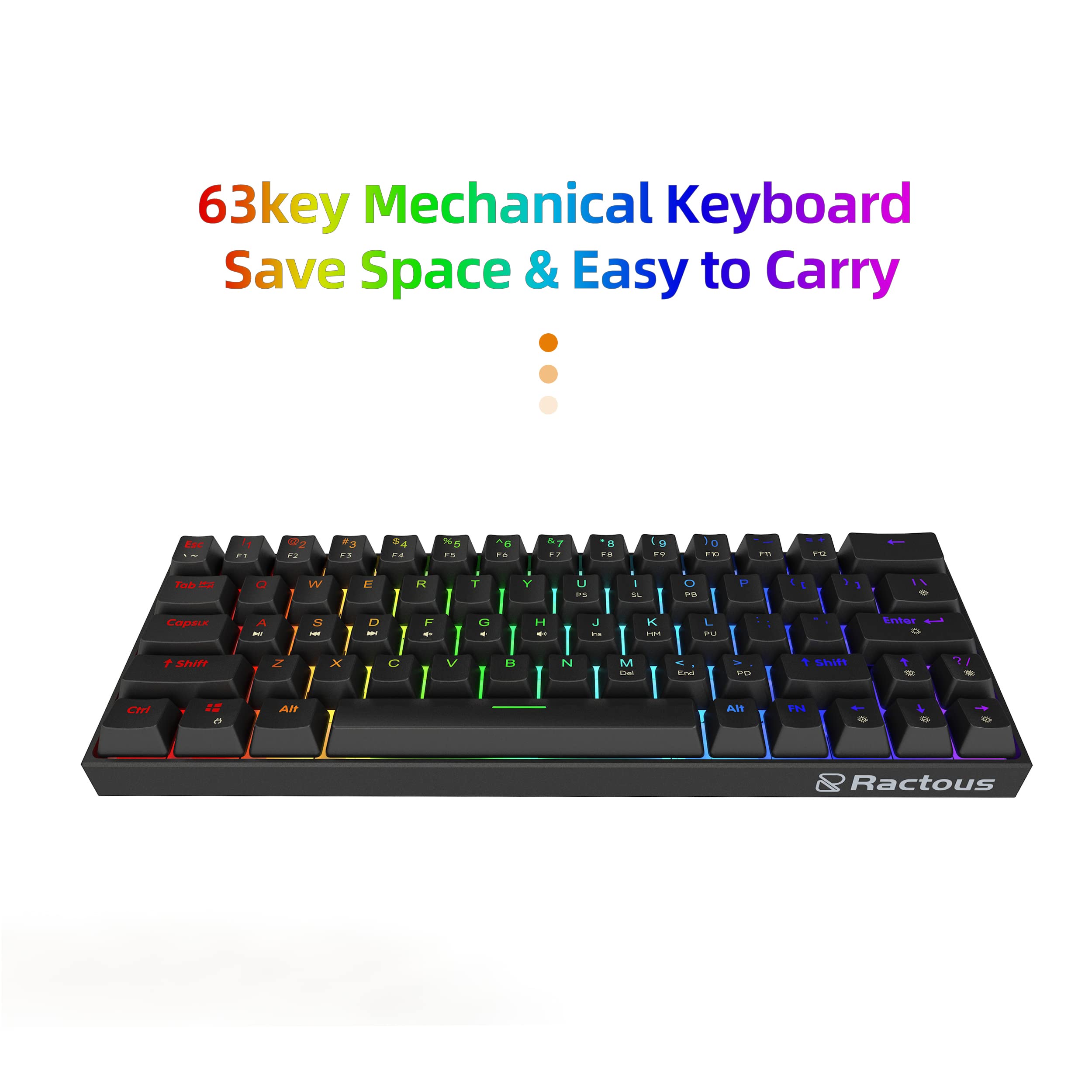 Ractous RTK63P 60% Mechanical Gaming Keyboard RGB Backlit PBT keycaps 63key Ultra-Compact Wired Keyboard Programmable for PC/Mac Gamers,Hot-Swappable Optical Red Switch (Black)