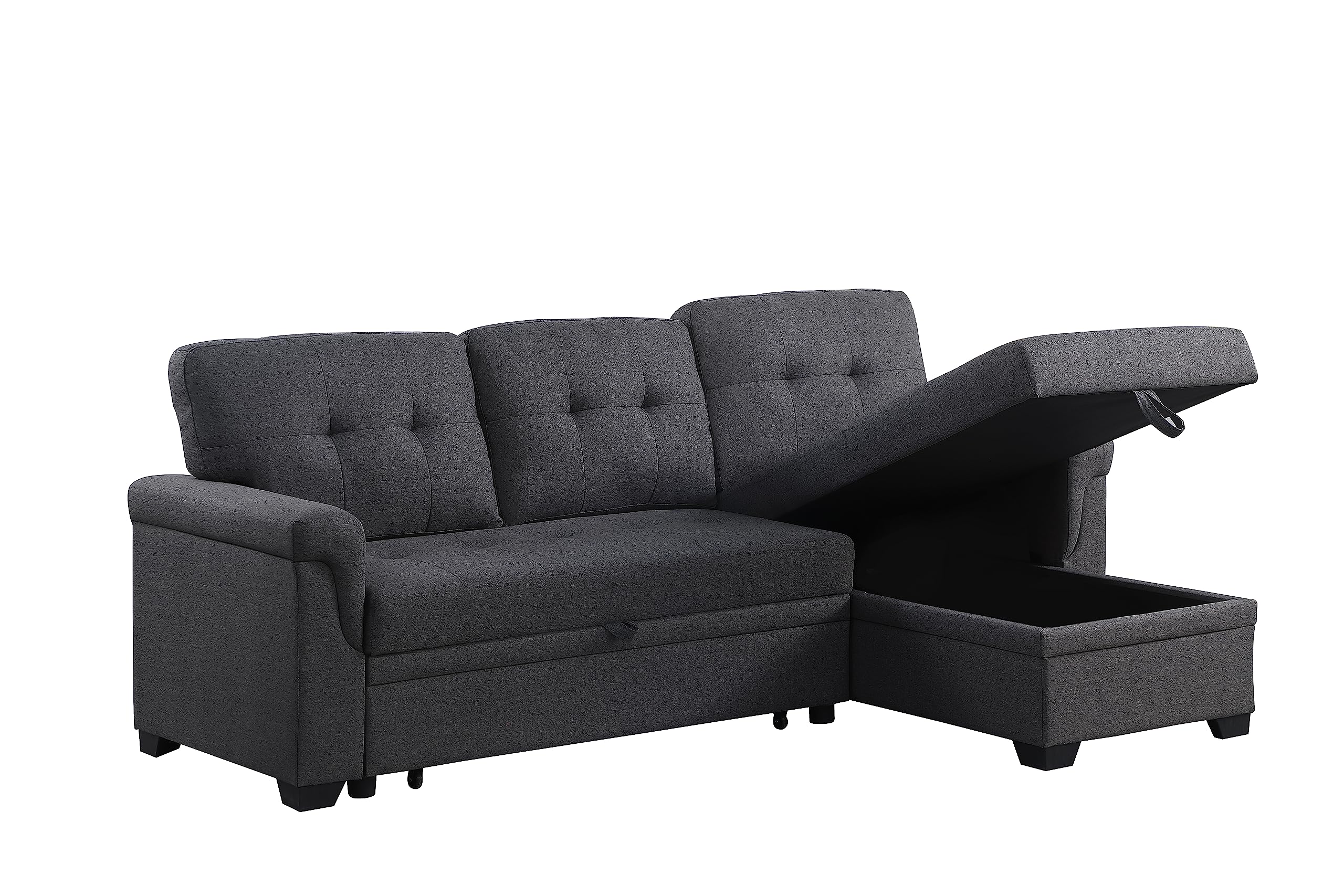 L-Shape Convertible Sleeper Sectional Sofa with Storage Chaise and Pull-Out Bed, Linen Upholstered Reversible Corner 3 Person Couch, for Living Room, Apartment, 84, Dark Gray-4