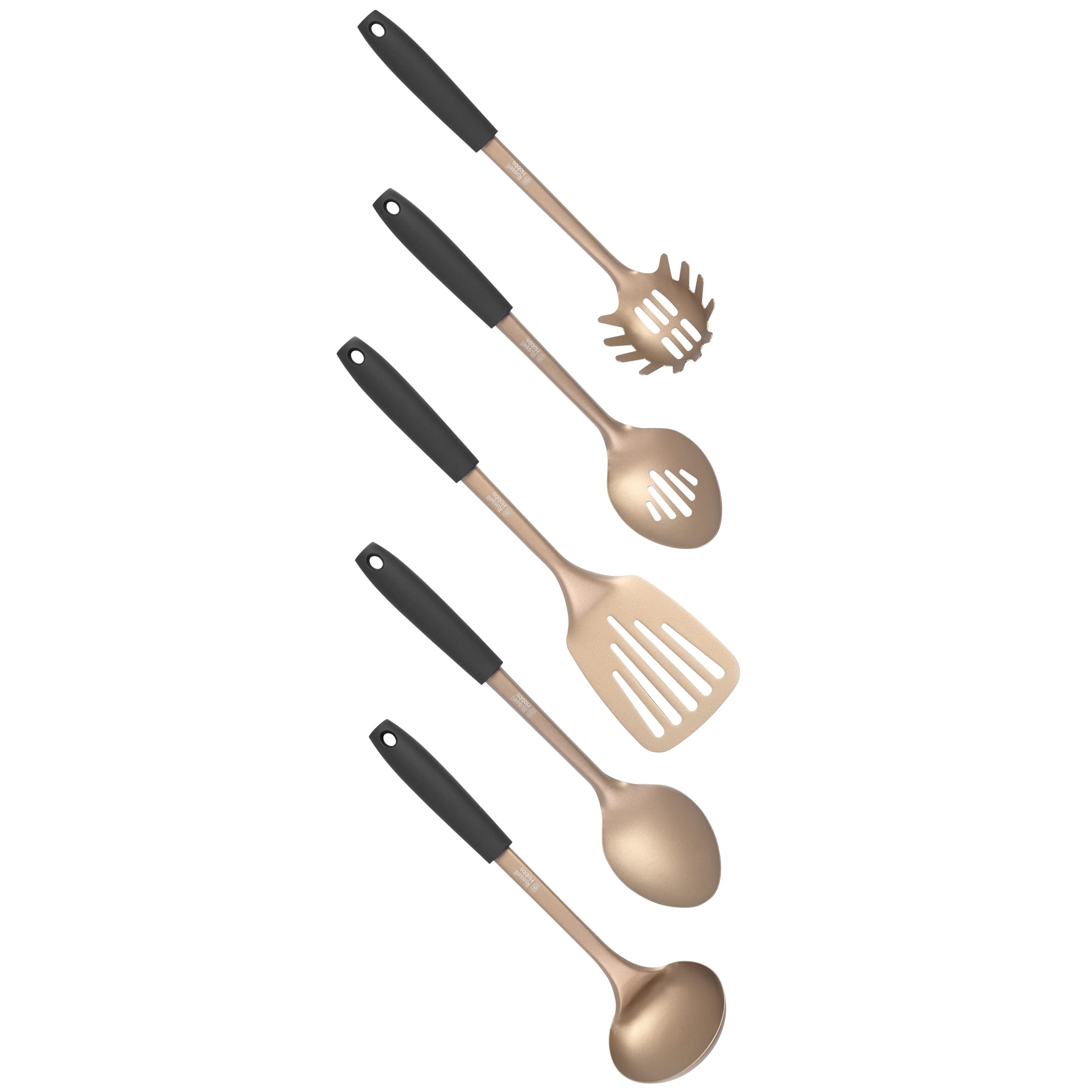 Russell Hobbs RH02170BEU Opulence 5 Piece Kitchen Utensil Set, Non-Stick Cooking Spoons & Soft-Touch Handles, Includes Solid and Slotted Spoon, Spaghetti Spoon, Slotted Spatula and Ladle, Black/Gold