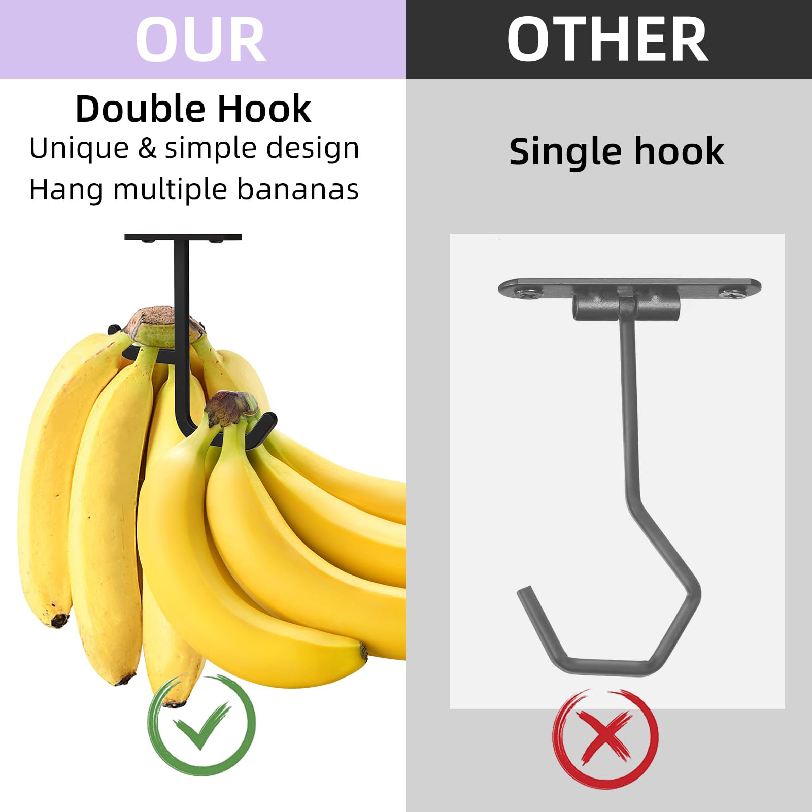 YTAIMITOP Banana Hook Under Cabinet, Banana Hanger to Keep Bananas Fresh, Metal Banana Holder Hook Under Cabinet, Space Saving, Screw-Mounted Black