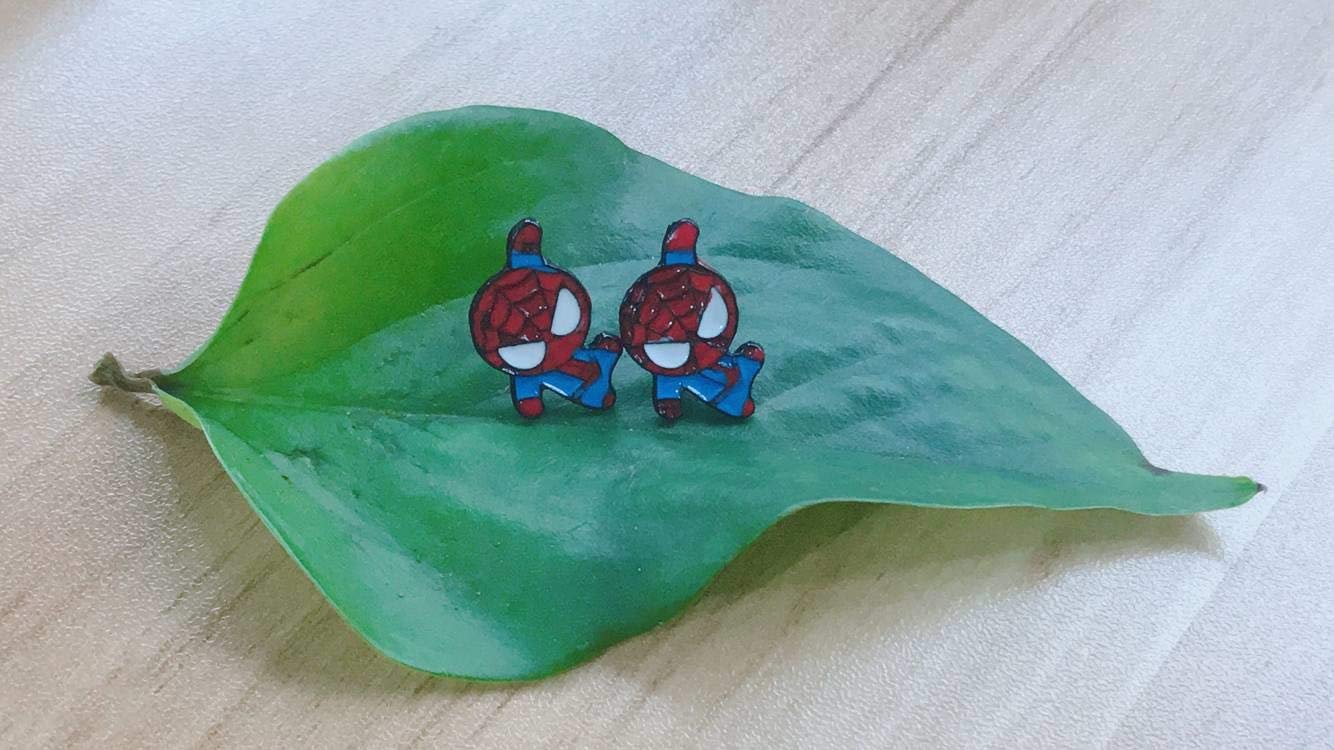 Lovely Cartoon Spider Man with Charm Section Web Brass Necklace Cool Jewelry for Women Girls (Earring)