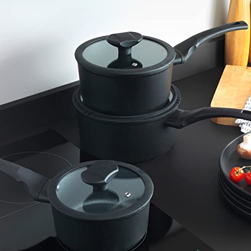 Russell Hobbs RH02131EU7 Saucepan Set, 3 Piece Non-Stick Induction Pans with Lids, 16/18/20cm, Tall Body for Larger Capacity Batch Cooking, Use Little or No Oil, Crystaltech Graphite Collection